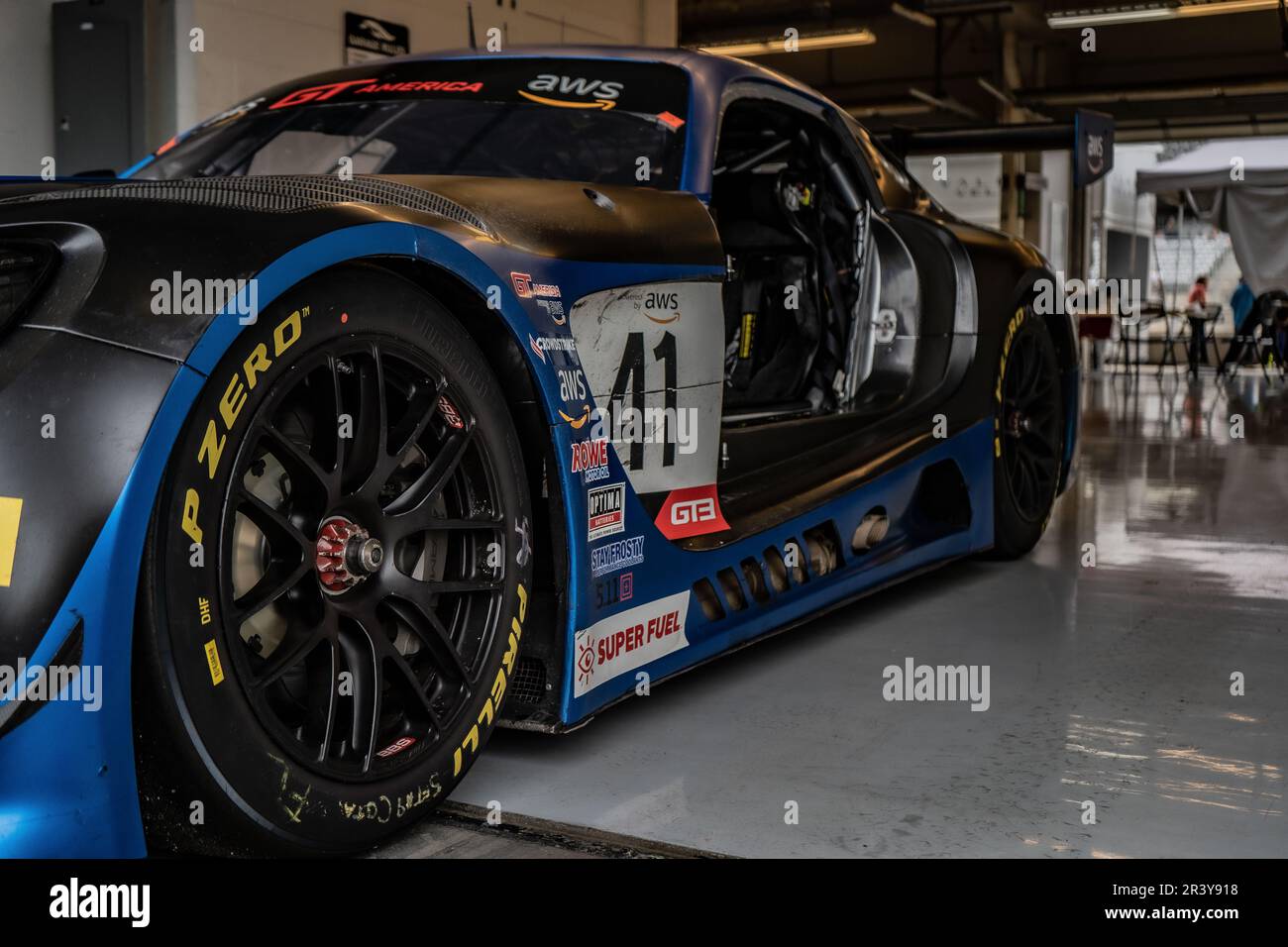 Mercedes-Benz AMG-GT3 in the garage / paddock area being serviced Stock ...
