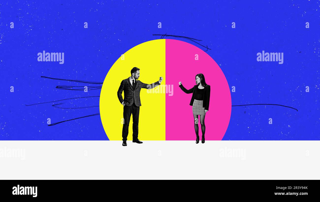 Contemporary art collage with two business people, competitors showing ...