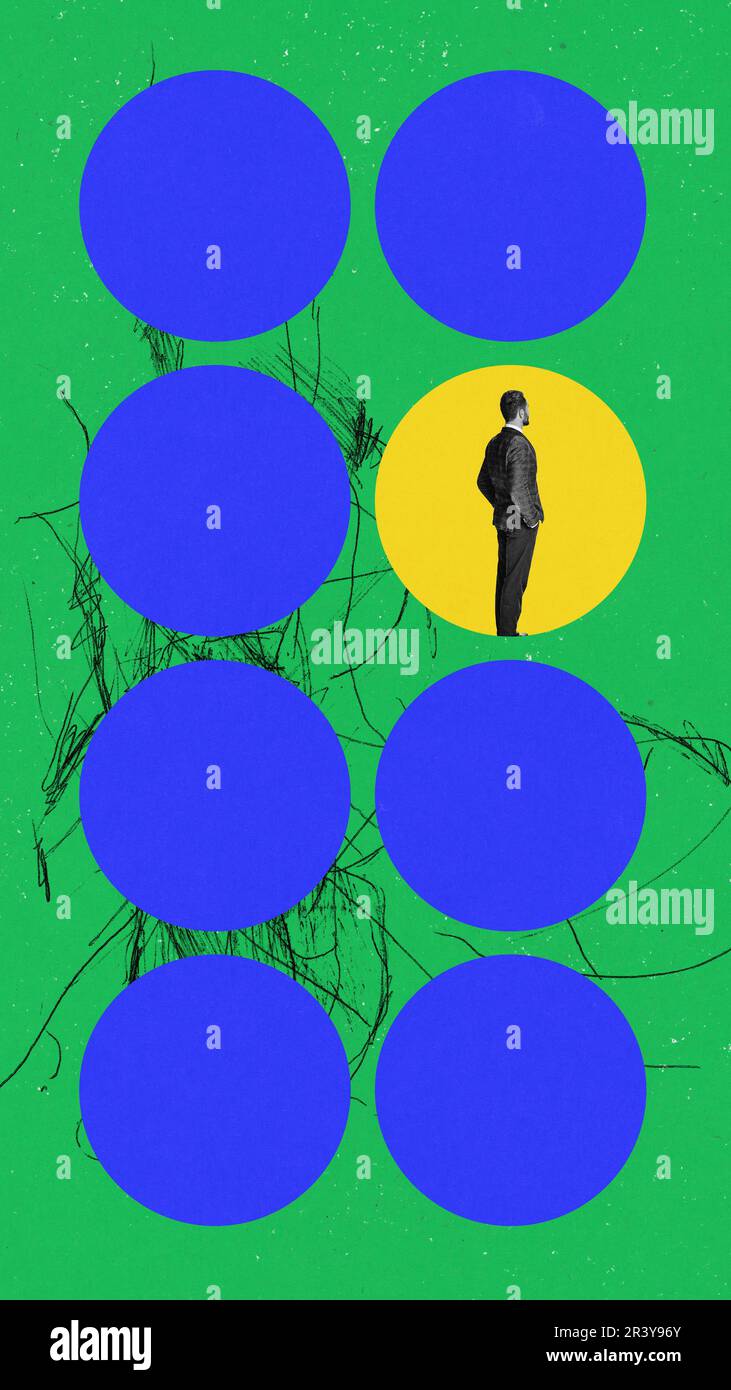 Contemporary art collage with one business man standing alone without ...