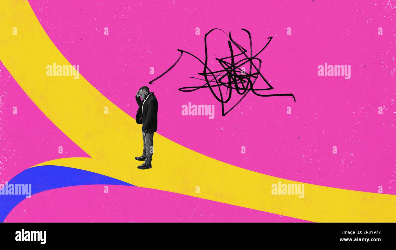 Contemporary art collage with exhausted man, office worker having ...