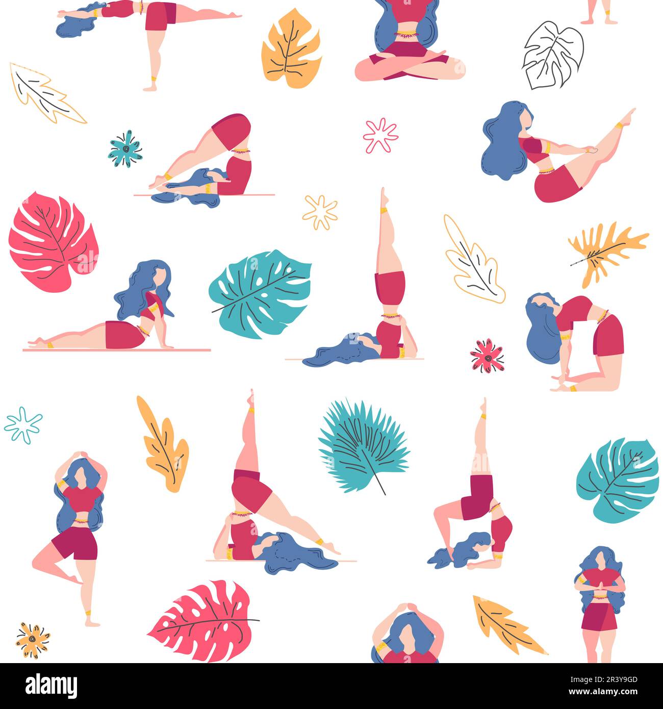 Yoga seamless pattern woman is engaged. Yoga poses, lotus, monstera ...