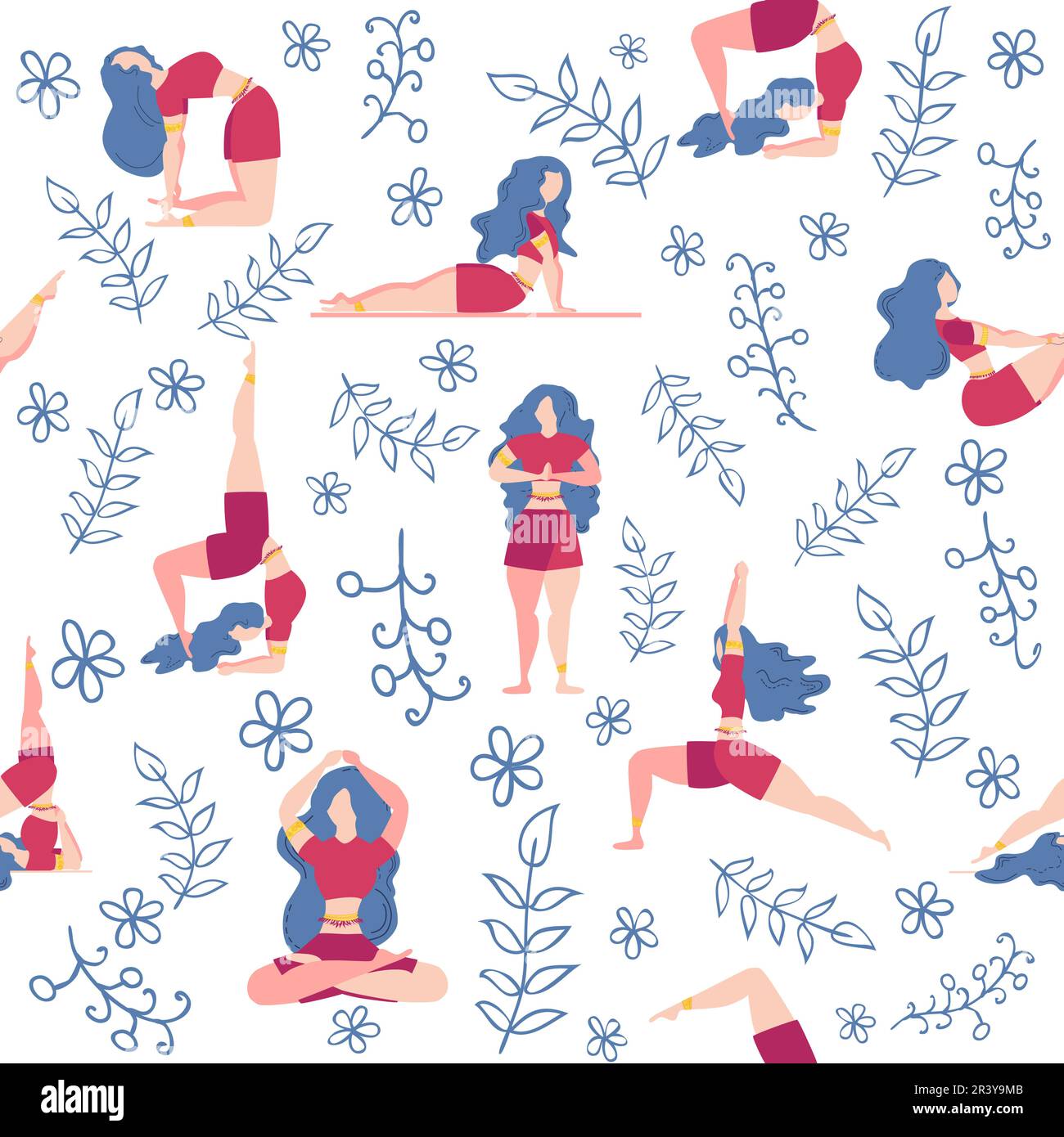 Yoga seamless pattern woman is engaged. Yoga poses, lotus, monstera ...
