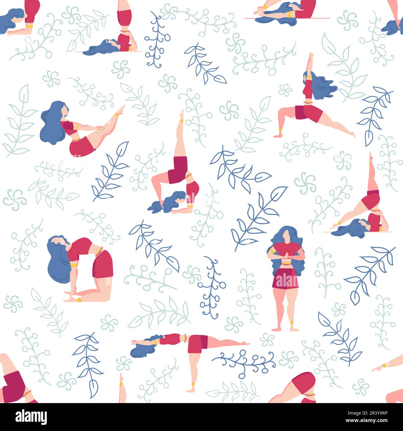 Yoga seamless pattern woman is engaged. Yoga poses, lotus, monstera ...