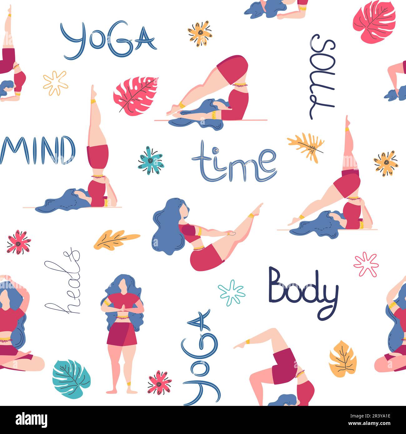 Yoga seamless pattern woman is engaged. Yoga poses, lotus, monstera ...