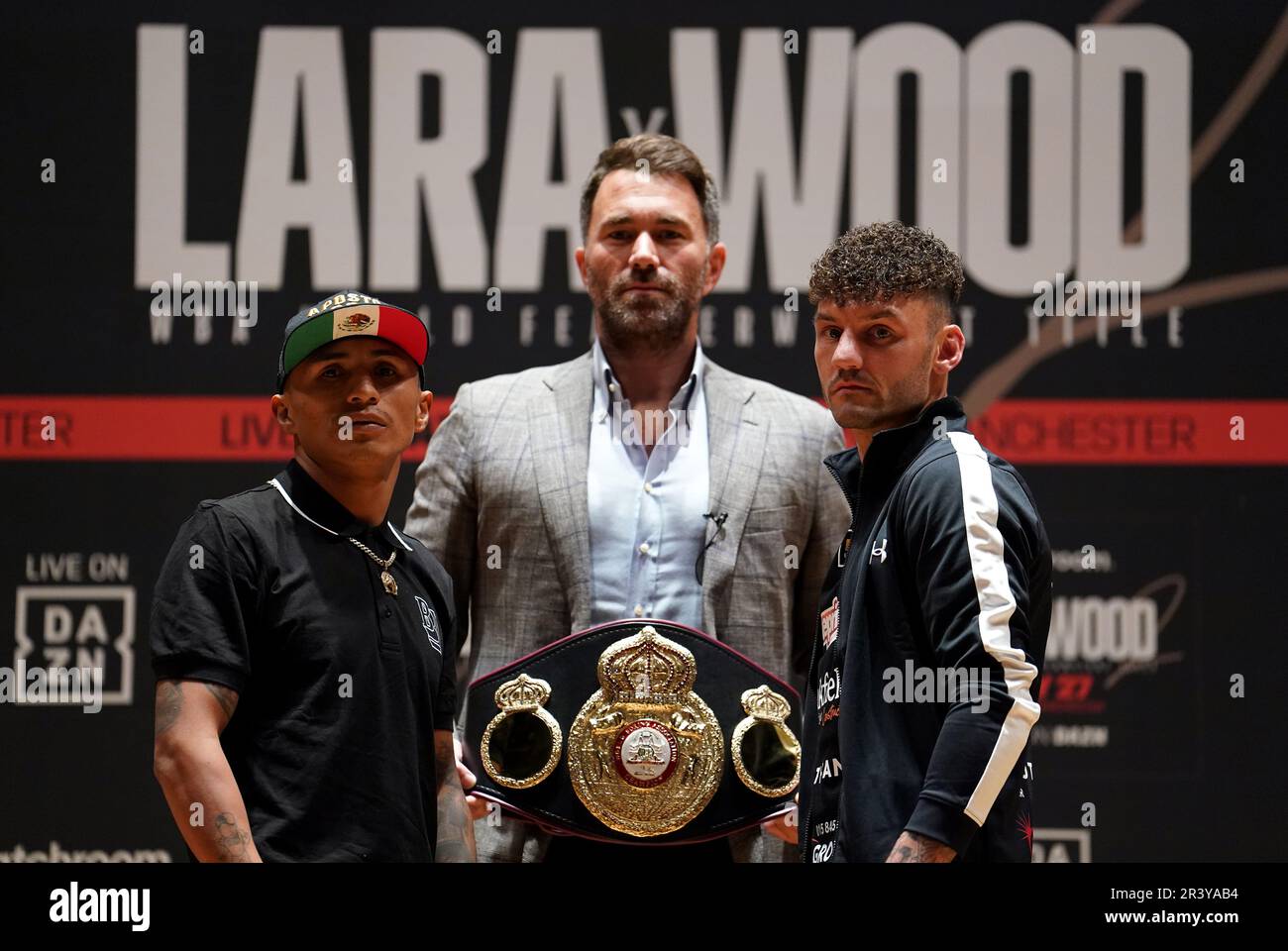 Mauricio Lara, Leigh Wood and promoter Eddie Hearn during a press ...