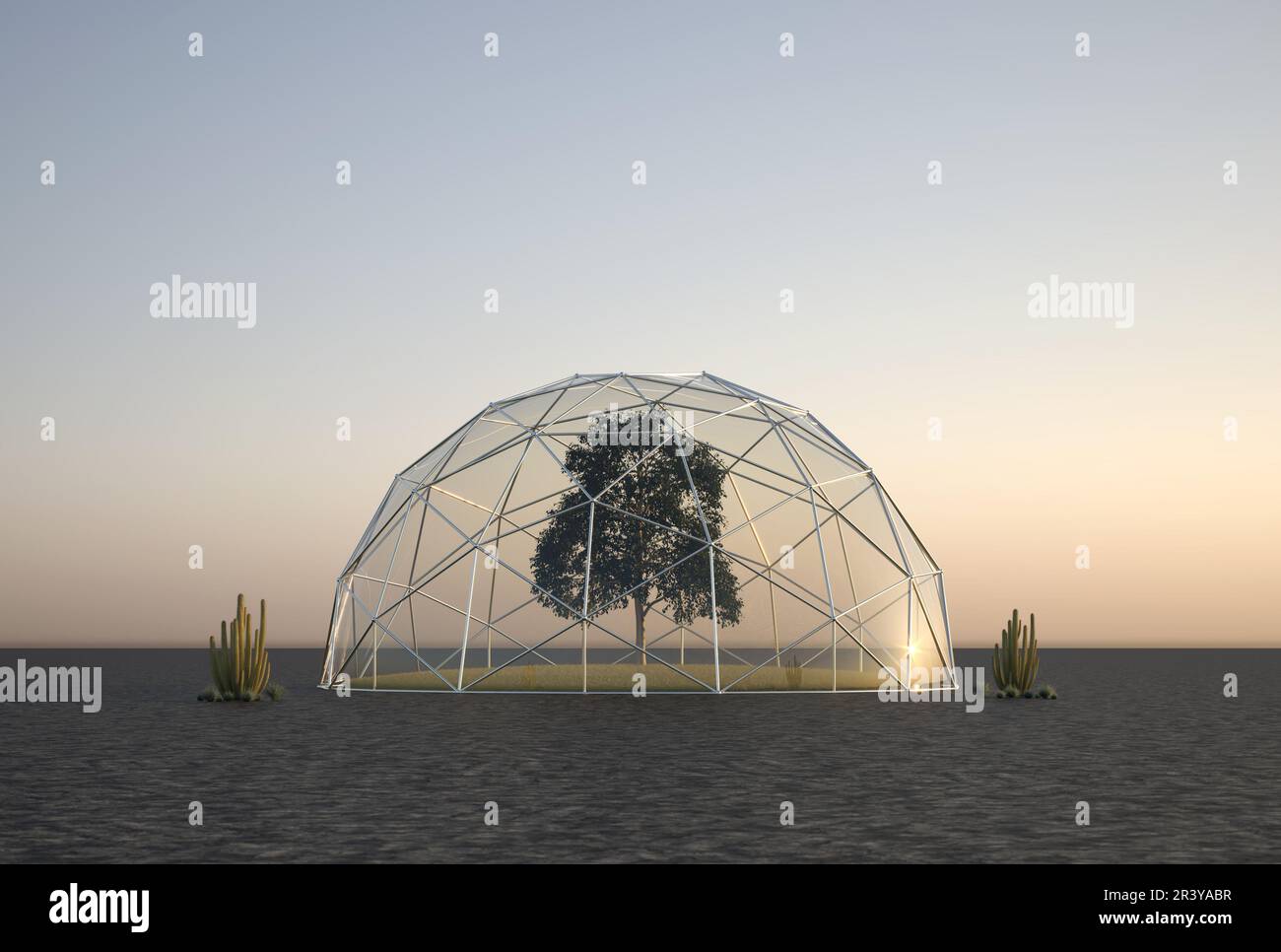 Tree under a glass dome in desert area - 3D Illustration Stock Photo ...