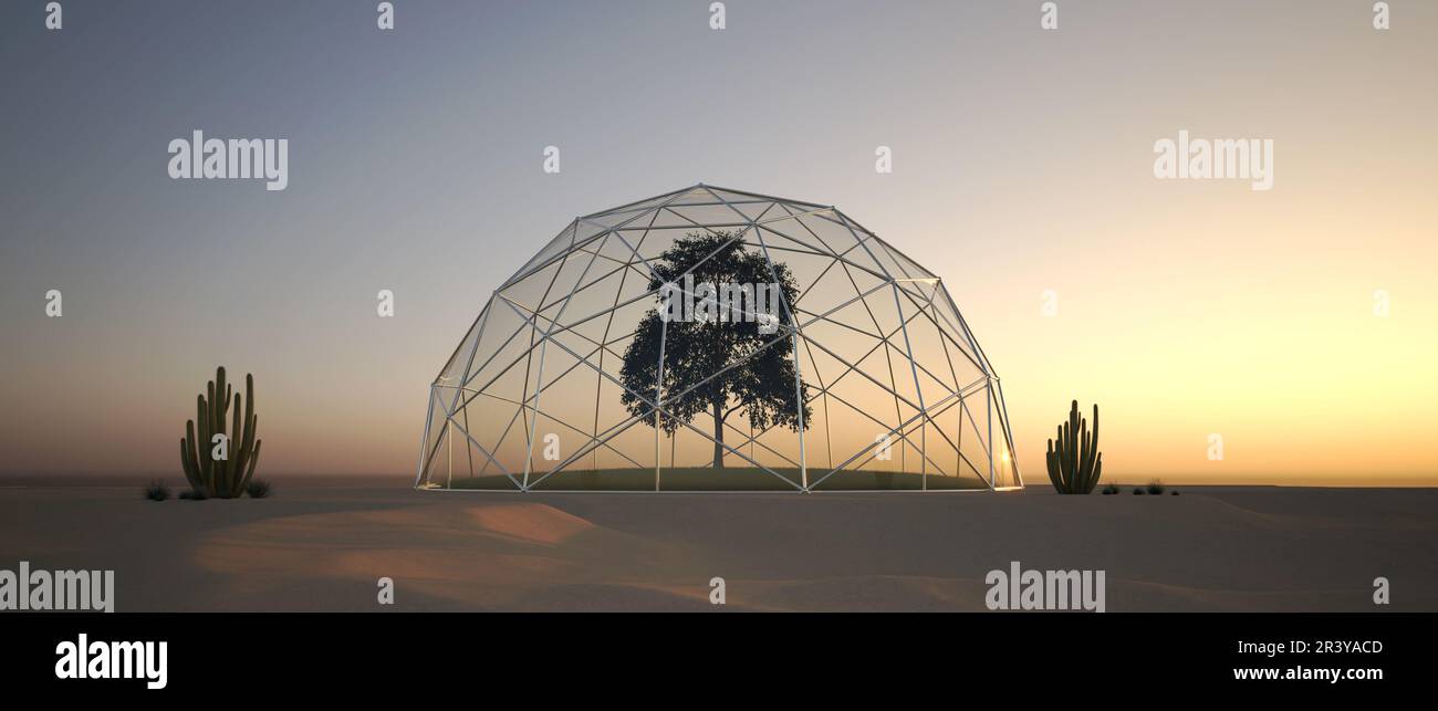 Tree under a glass dome in desert area - 3D Illustration Stock Photo ...