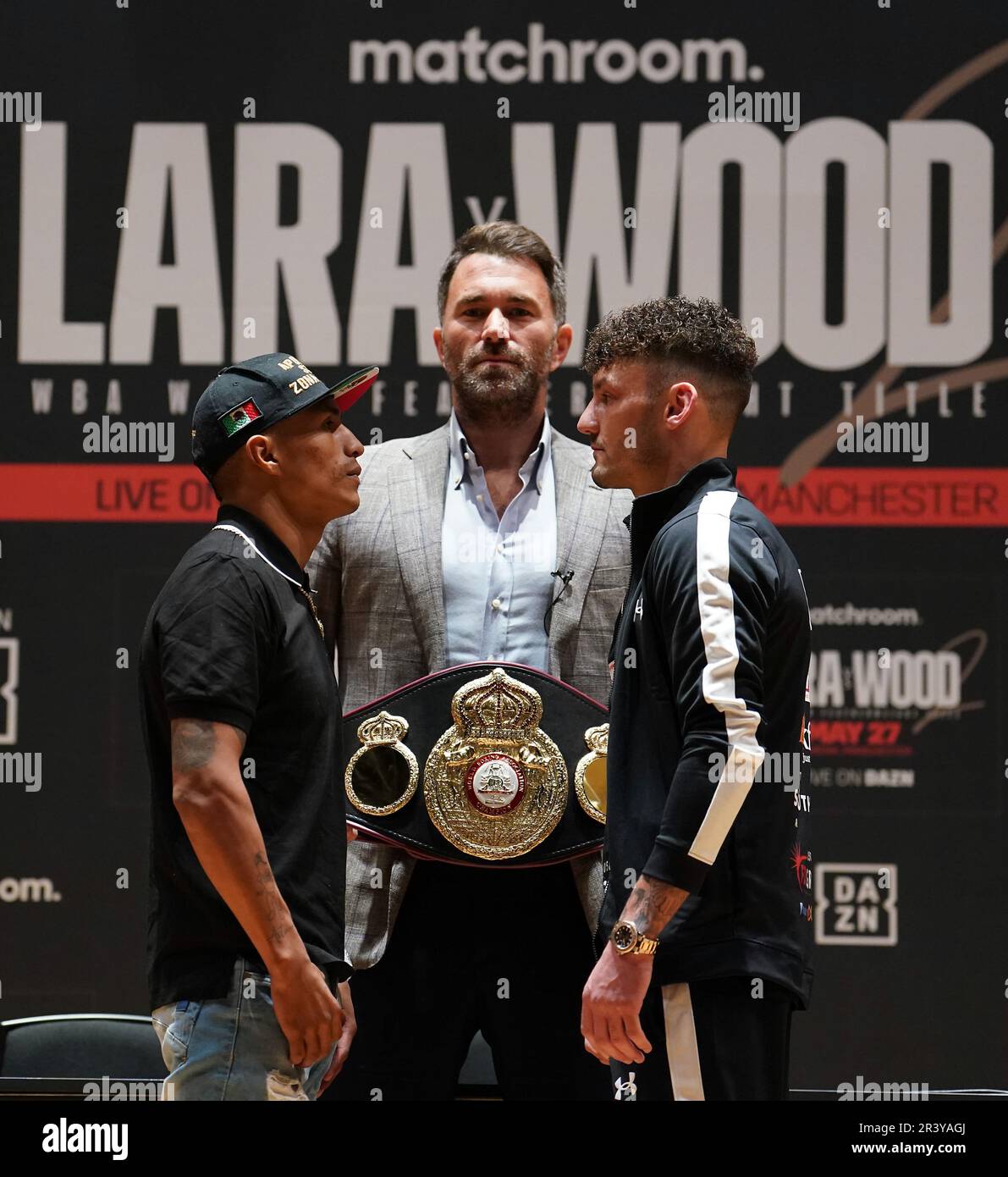 Mauricio Lara, Leigh Wood and promoter Eddie Hearn during a press ...
