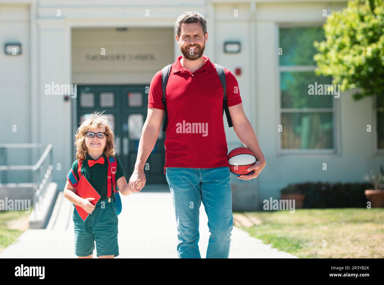 Parent and pupil of primary school. Back to school and happy time ...