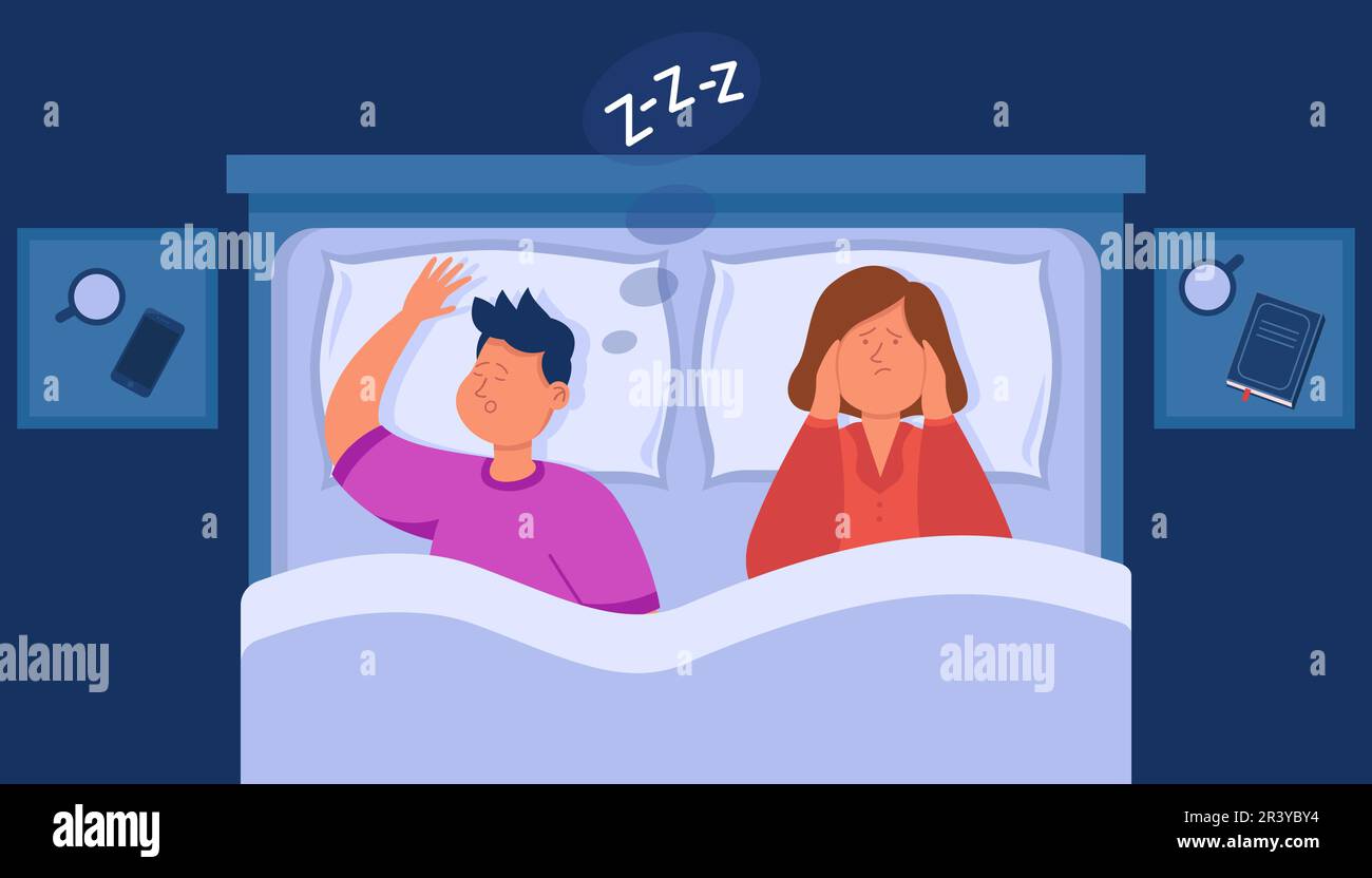 Cartoon wife having problems sleeping because of snoring husband Stock ...