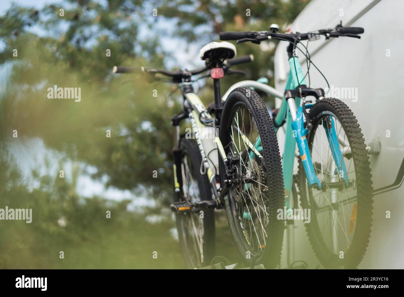 Bicycles are mounted on the motorhome. The concept of travel Stock ...