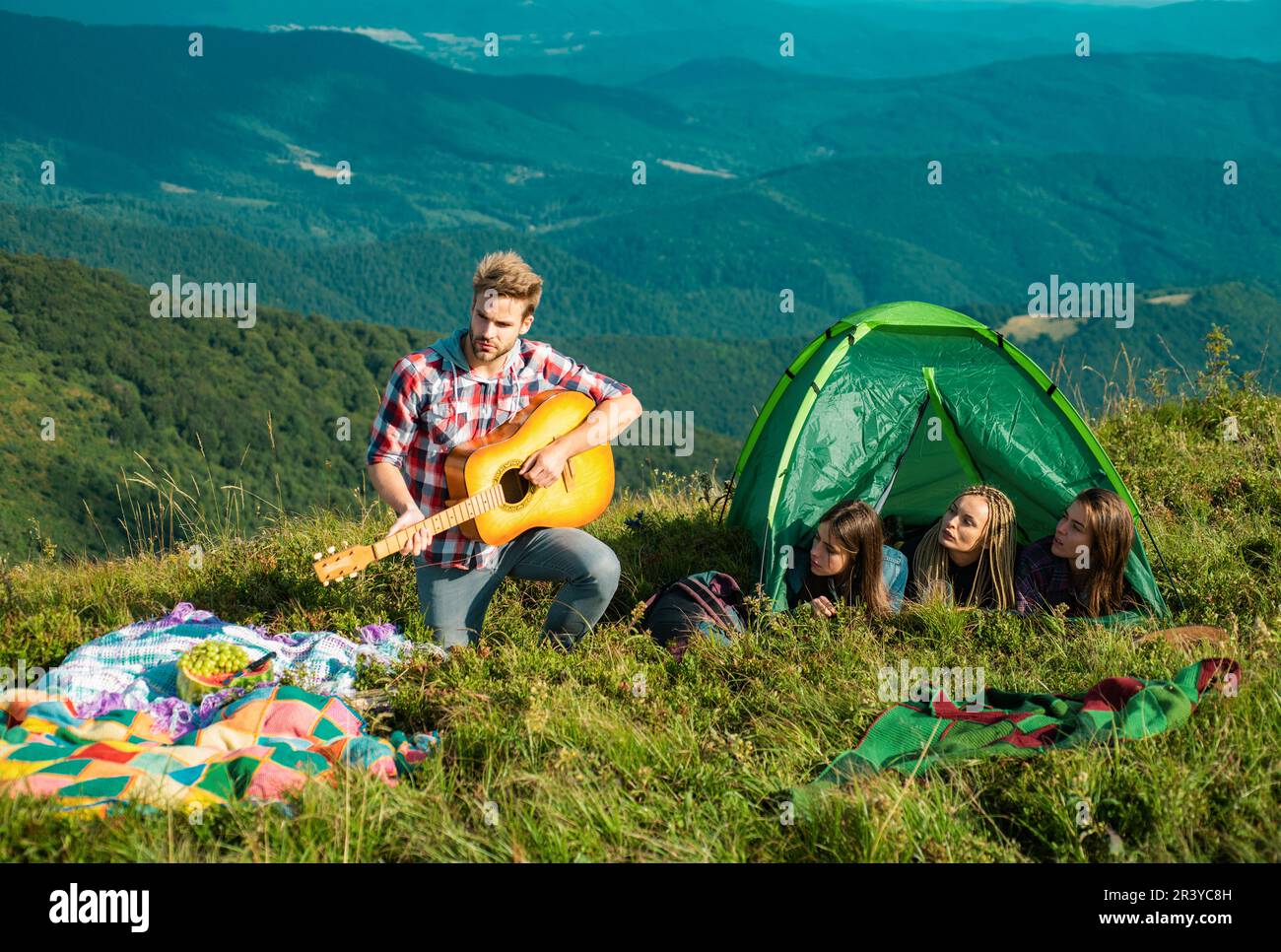 Camping together is fun, friendship romantic picnic in tourism camp ...