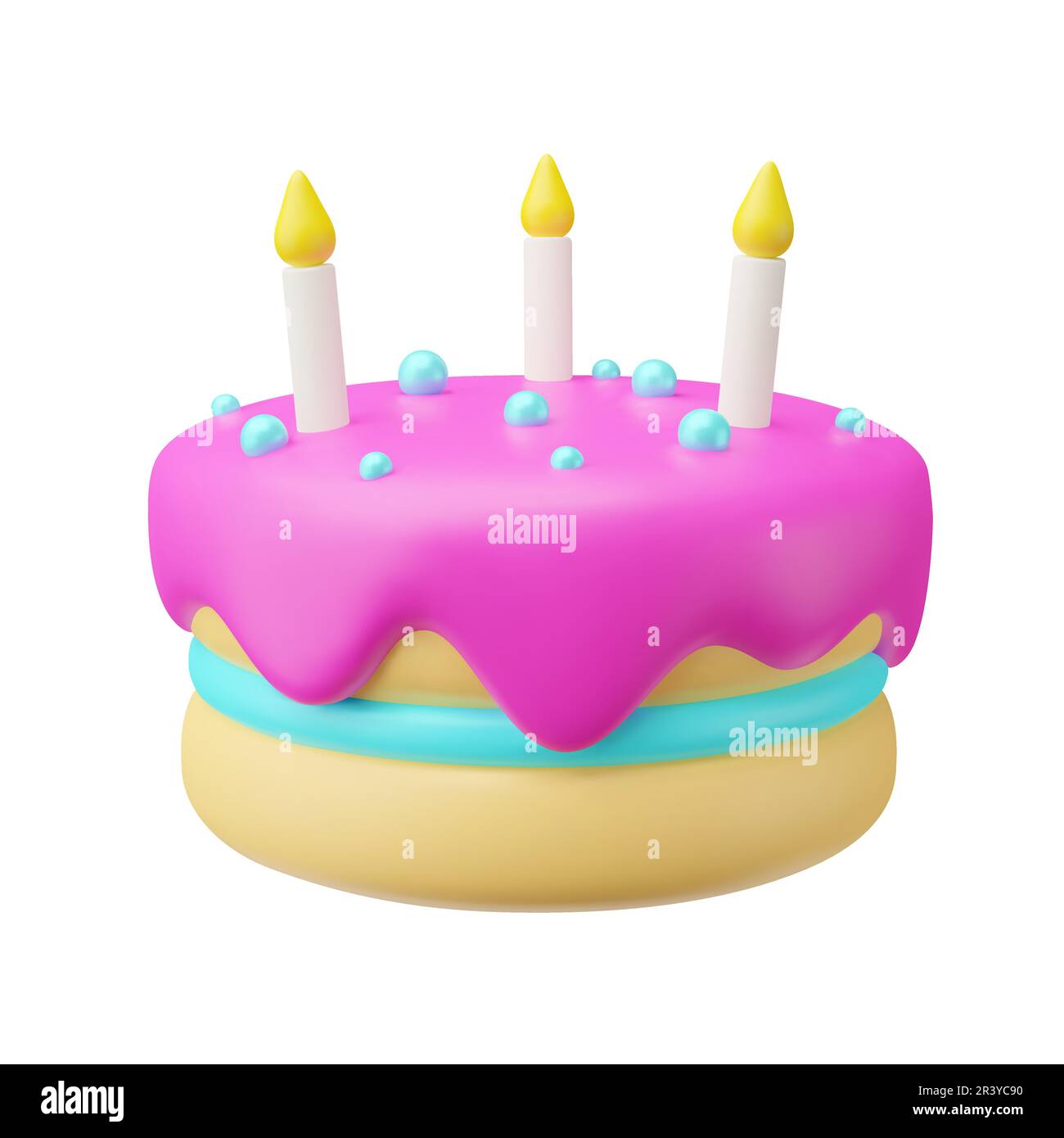 3D plastic cake with cream, candy balls, candles. Color cute dessert ...