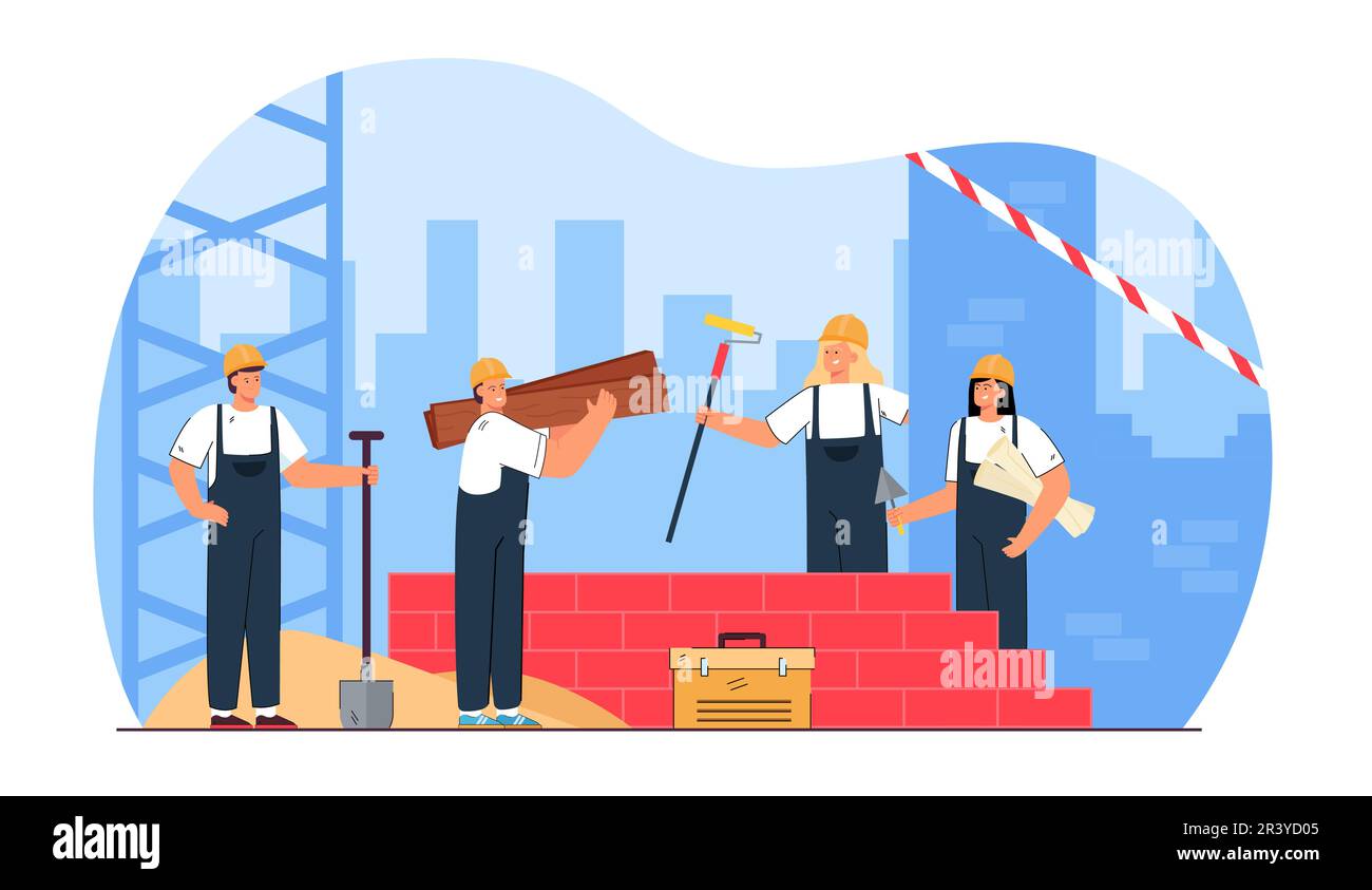 Young cartoon people constructing brick building Stock Vector Image ...