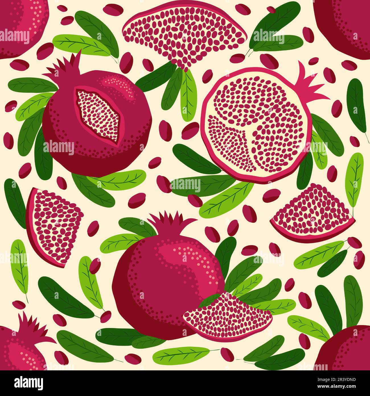 Pomegranate fruit seamless pattern. Bright leaves and fruits, seeds and ...