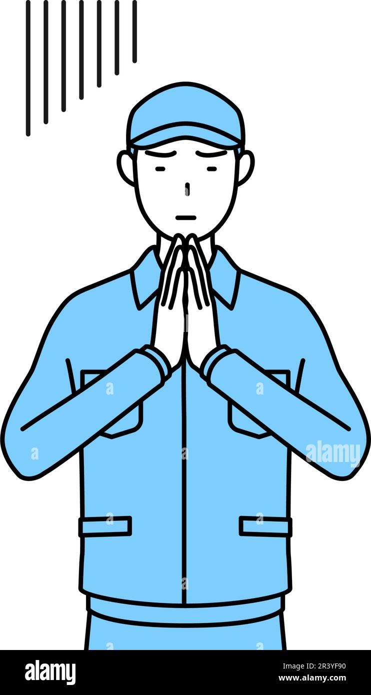 Man in hat and work clothes apologizing with his hands in front of his ...