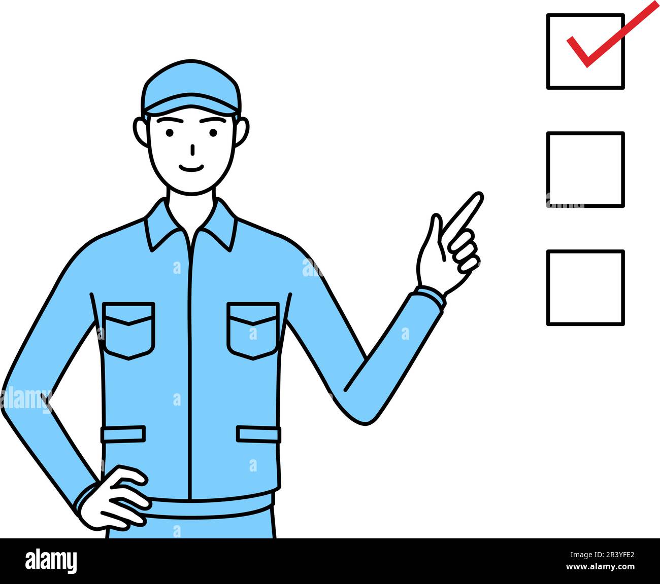 Man in hat and work clothes pointing to a checklist, Vector ...