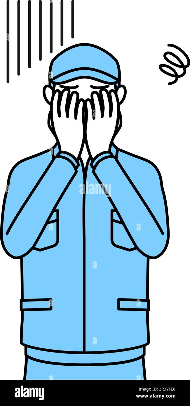 Man in hat and work clothes covering his face in depression, Vector ...