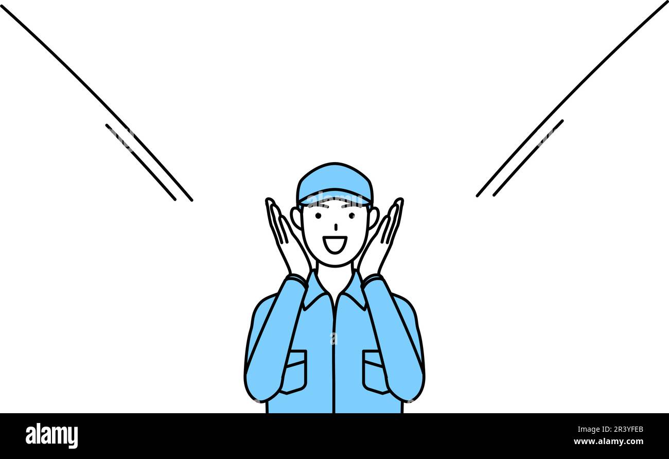 Man in hat and work clothes calling out with his hand over his mouth ...