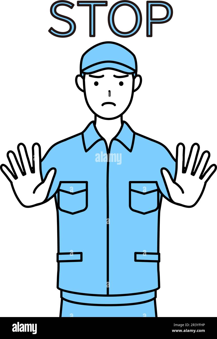 Man in hat and work clothes with his hands out in front of his body ...