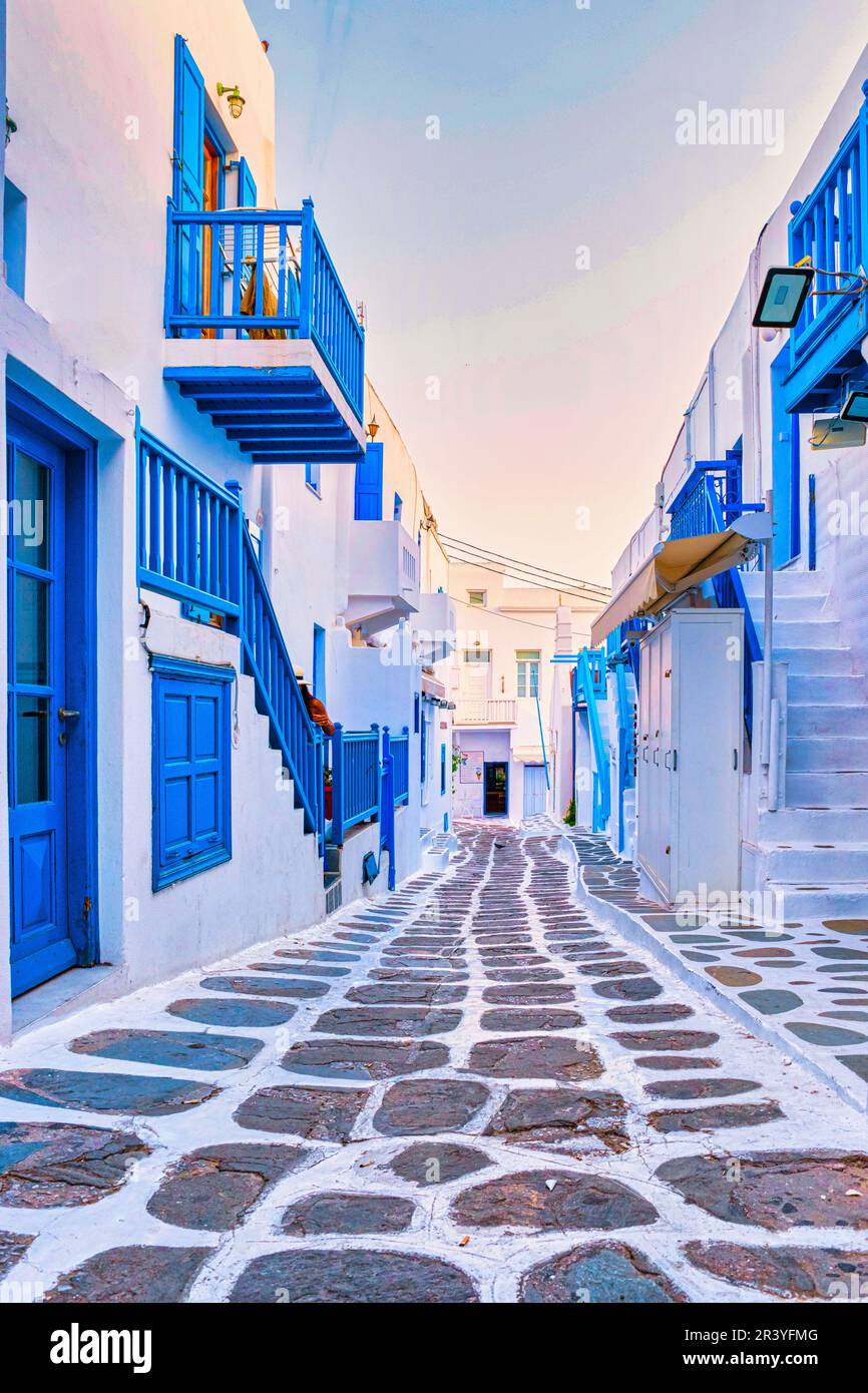 Empty street of Mykonos Greek village in Greece, colorful streets of ...