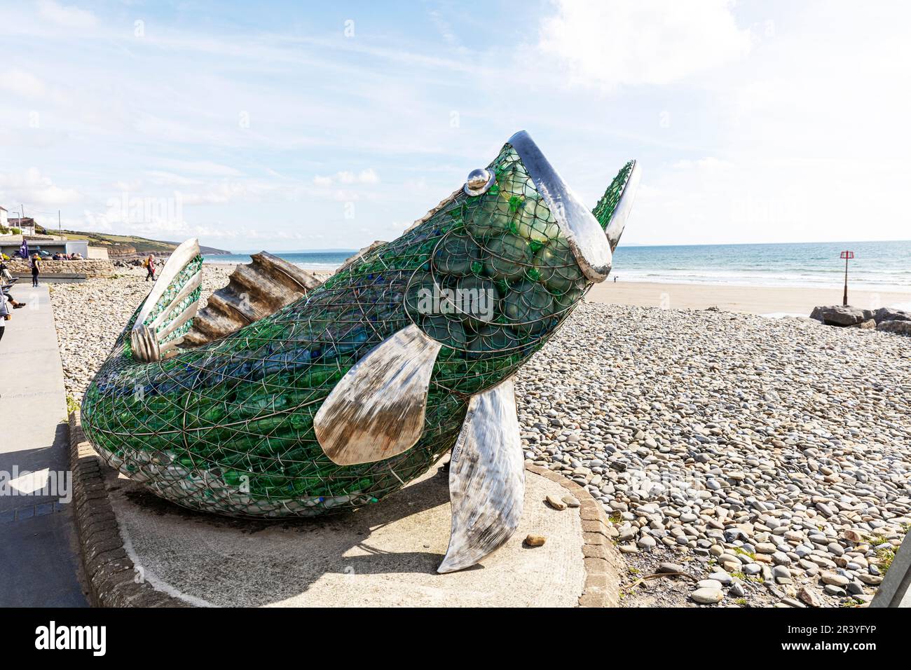 Plastic recycling bin on Amroth beach, Pembrokeshire, Wales, UK, clean ...