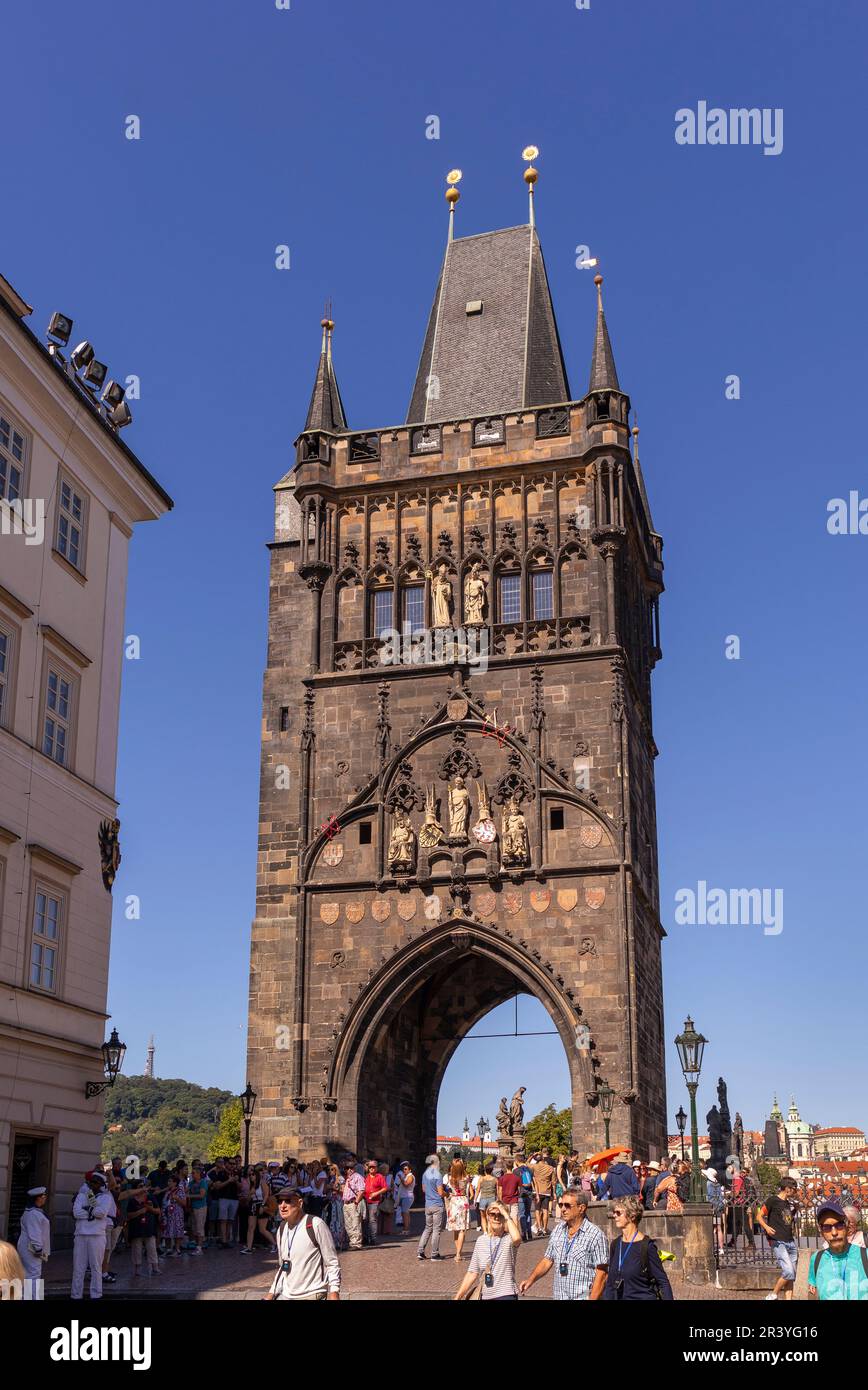 PRAGUE, CZECH REPUBLIC, EUROPE - Tourists at the Old Town Bridge Tower ...