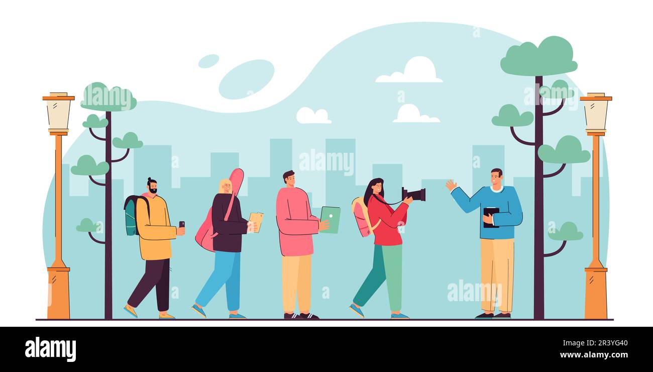 Tourist cartoon characters looking at tour guide on trip Stock Vector ...