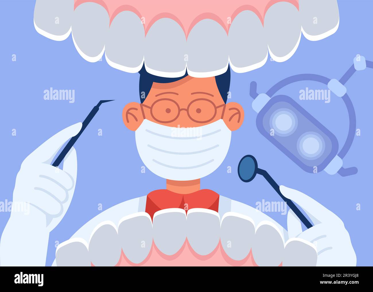 Cartoon dentist in mask examining open mouth of patient Stock Vector ...