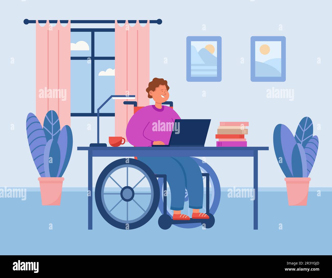 Disabled man in wheelchair working at computer at home Stock Vector ...