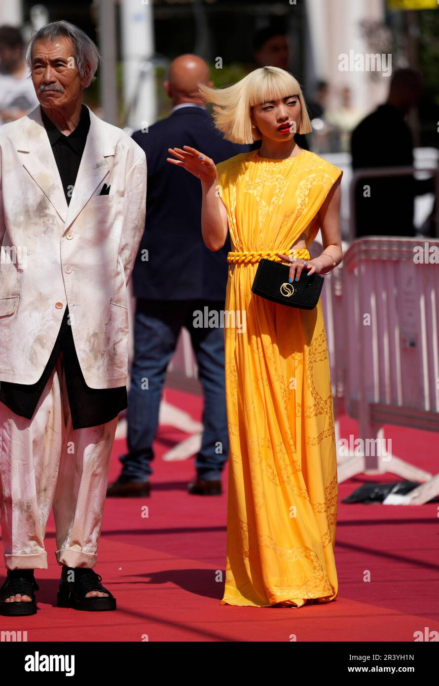 Min Tanaka, left, and Aoi Yamada pose for photographers upon arrival at ...