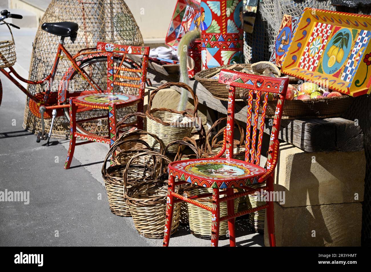 Local souvenir shop display with handmade wicker baskets, handicrafts ...