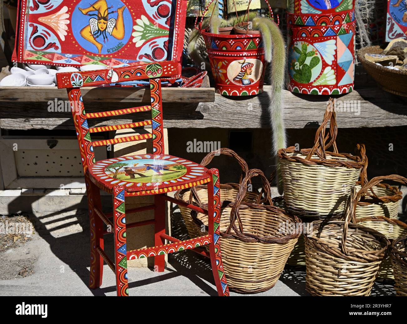 Local souvenir shop display with handmade wicker baskets, handicrafts ...