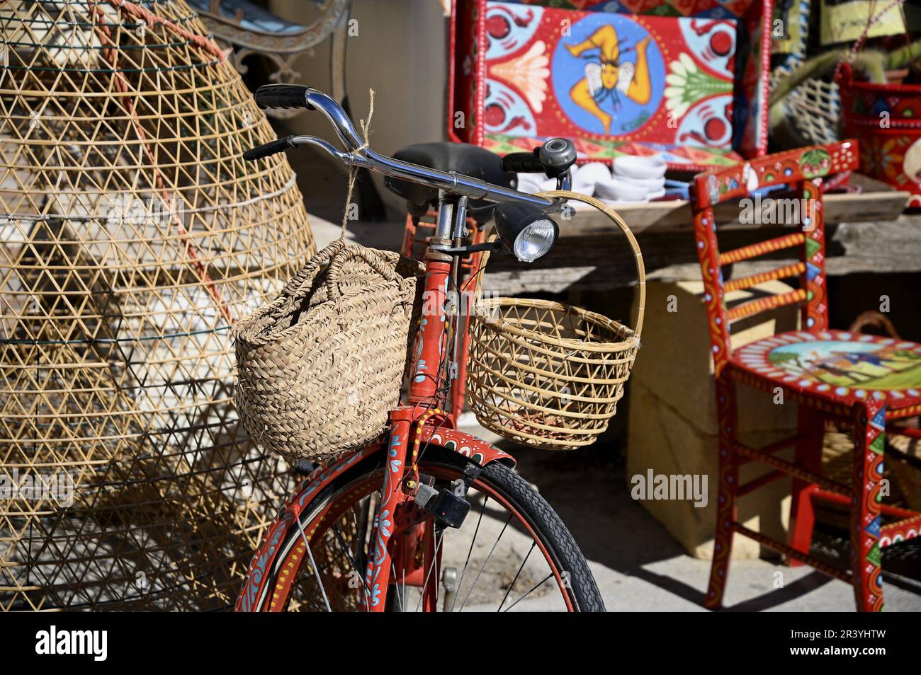 Local souvenir shop display with handmade wicker baskets, handicrafts ...