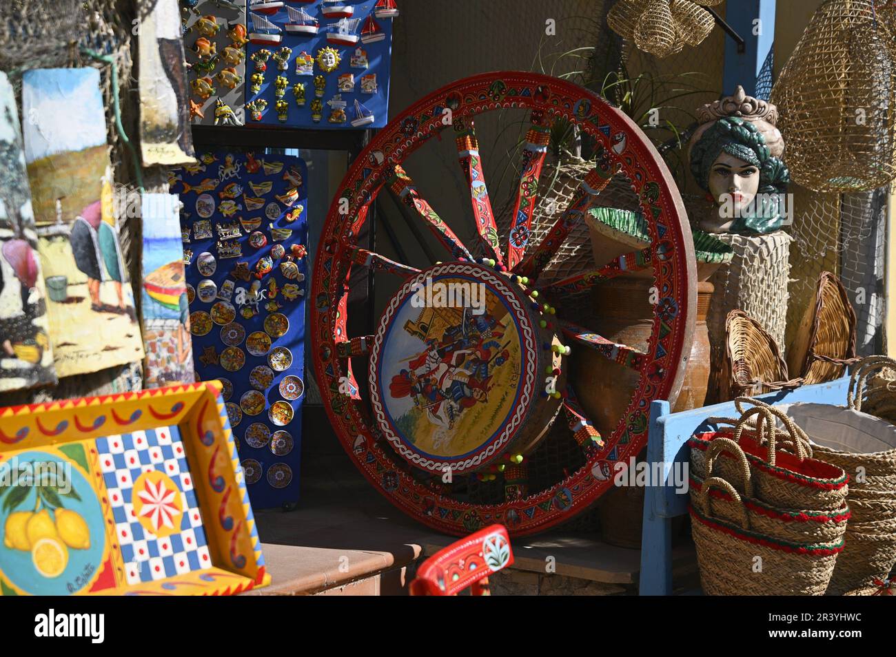 Local souvenir shop display with handmade wicker baskets, handicrafts ...