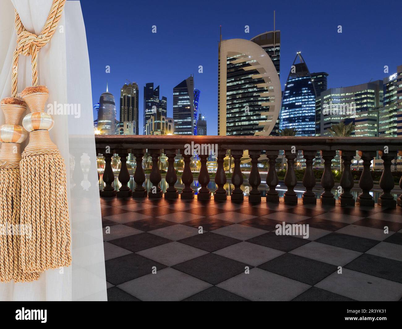 A view of Doha city, Qatar from a terrace (balcony) of a high building ...