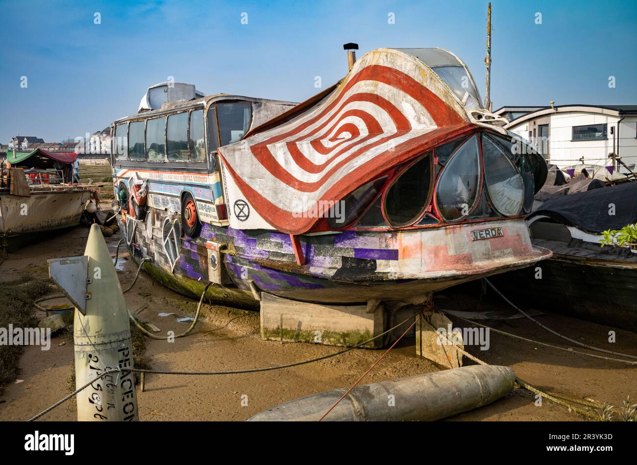 The eccentric houseboat Verda, Shoreham by Sea, West Sussex, UK. The ...