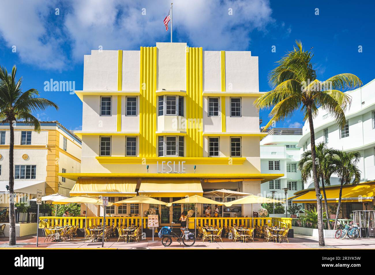 Miami, USA - December 7, 2022. Frontal view of the Leslie hotel facade ...