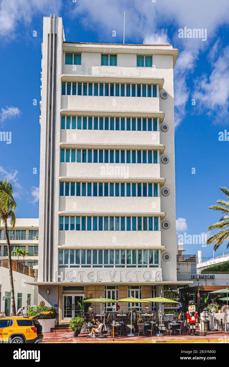 Miami, USA - December 7, 2022. Frontal View of the Victor hotel facade ...