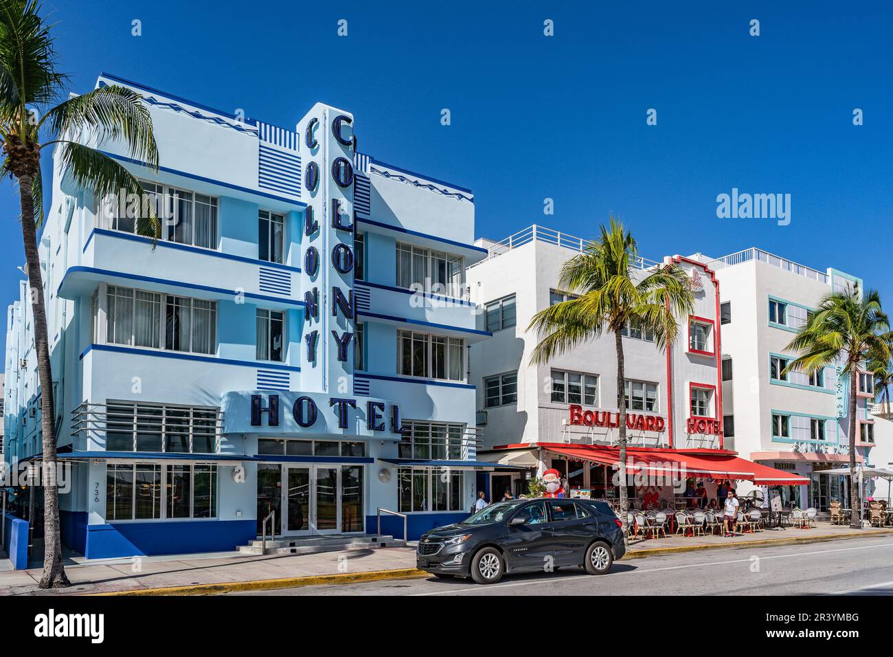 Miami, USA - December 7, 2022. View of the iconic Colony hotel Art Deco ...