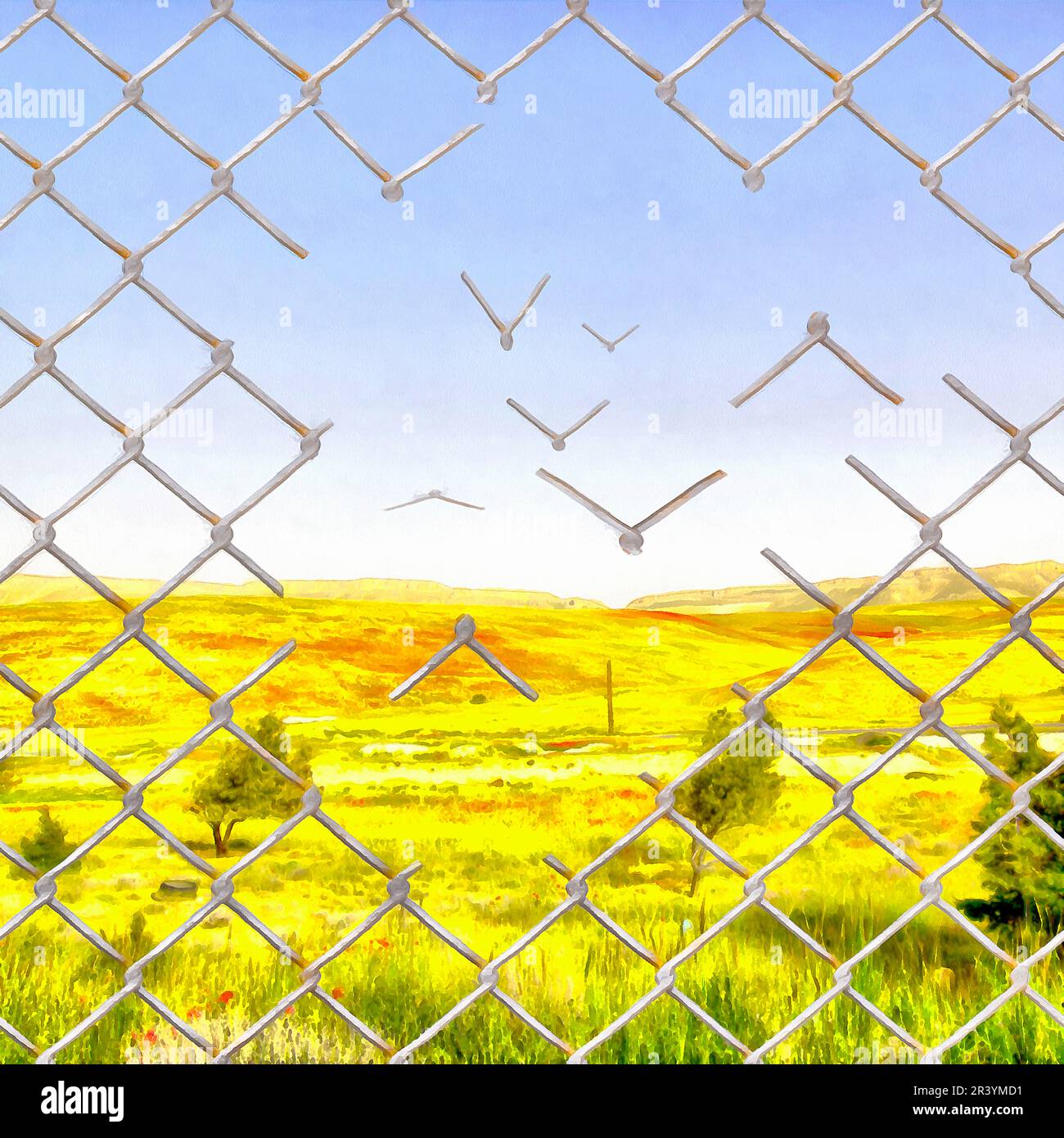 Chain link fence transforming into wire mesh birds flying away. Freedom ...