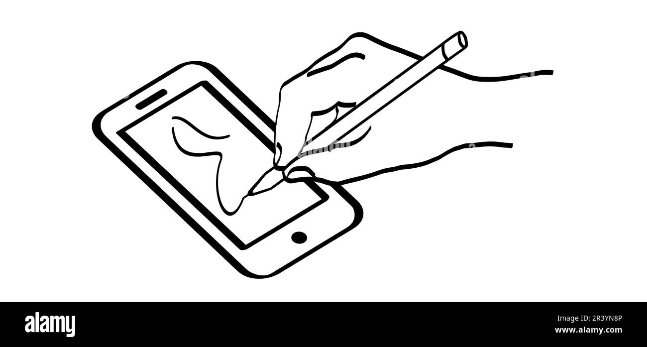 drawing on a smart phone. Cartoon drawing hand holding a stylus drawing ...