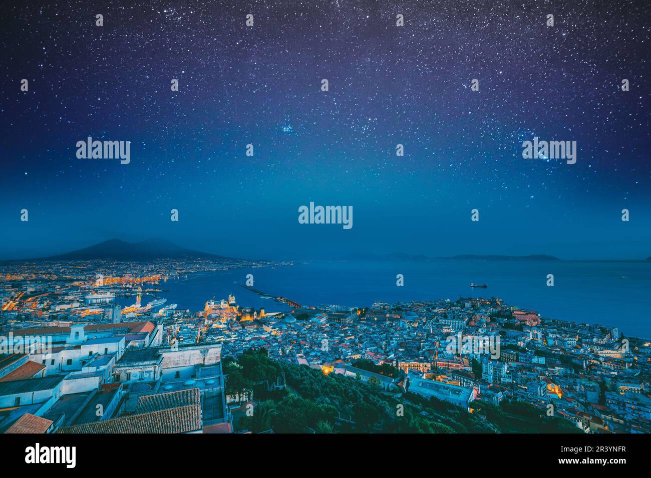 Naples, Italy. Skyline Cityscape In Evening Lighting. Tyrrhenian Sea ...