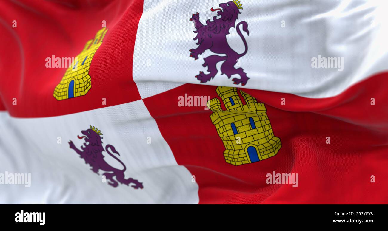 Close-up of Castile and Leon flag waving in the wind on a clear day ...