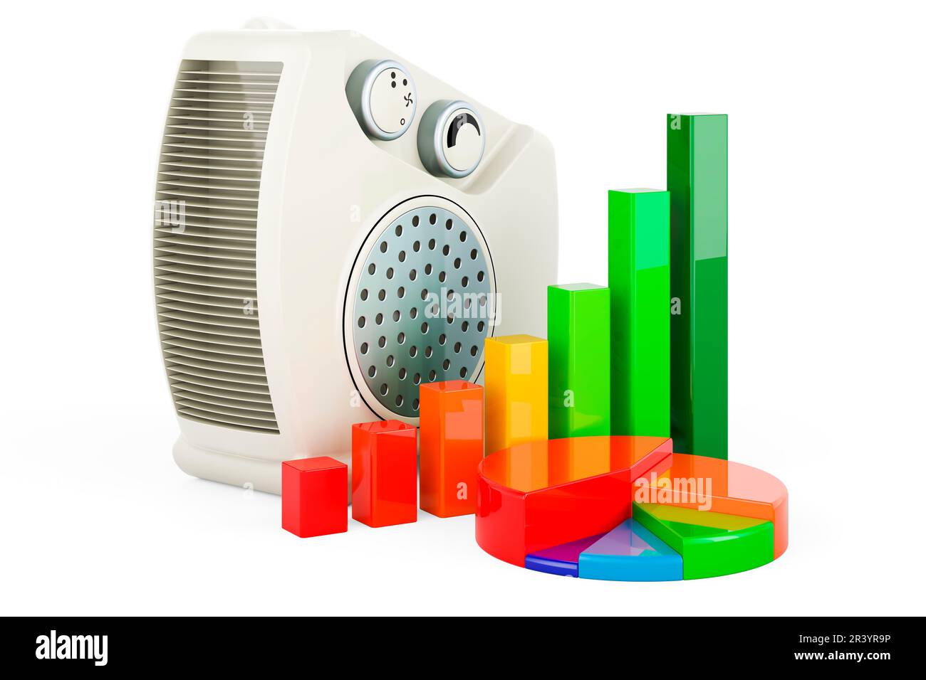 Fan heater with growth bar graph and pie chart, 3D rendering isolated ...