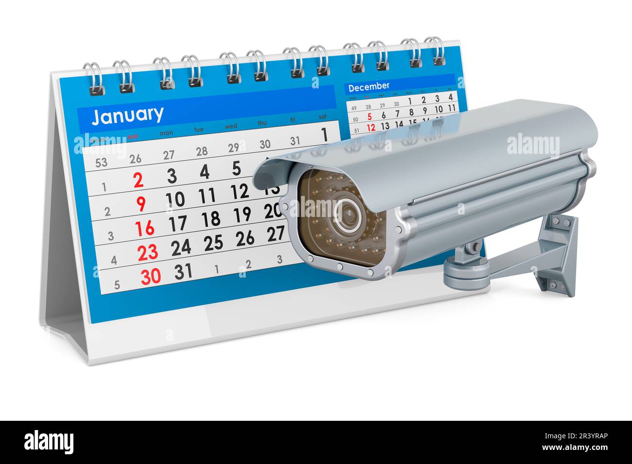 Security surveillance camera with desk calendar. 3D rendering isolated ...