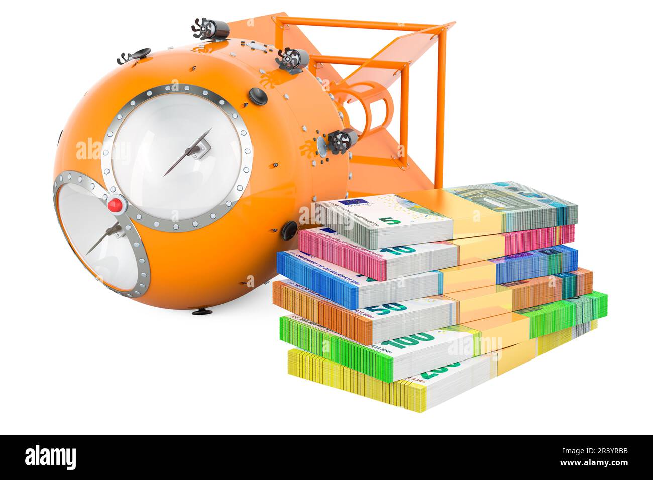 Atomic bomb, nuclear weapon with money, euro packs. 3D rendering ...