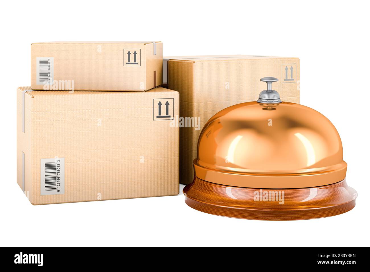 Shipping and logistics concept. Three parcels with reception bell. 3D rendering isolated on ...