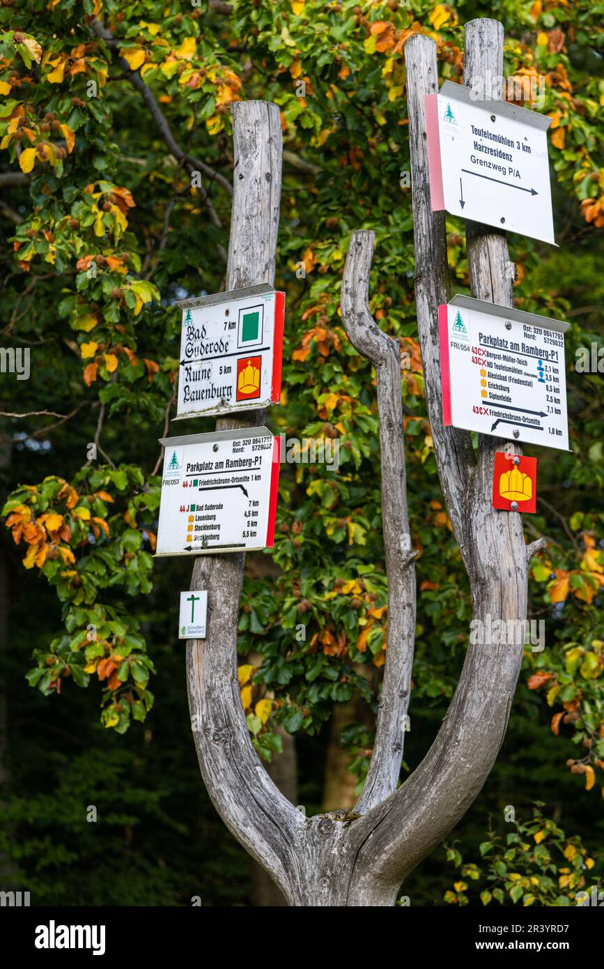 Sign tree signage hiking trails Bodetal Friedrichsbrunn Stock Photo - Alamy