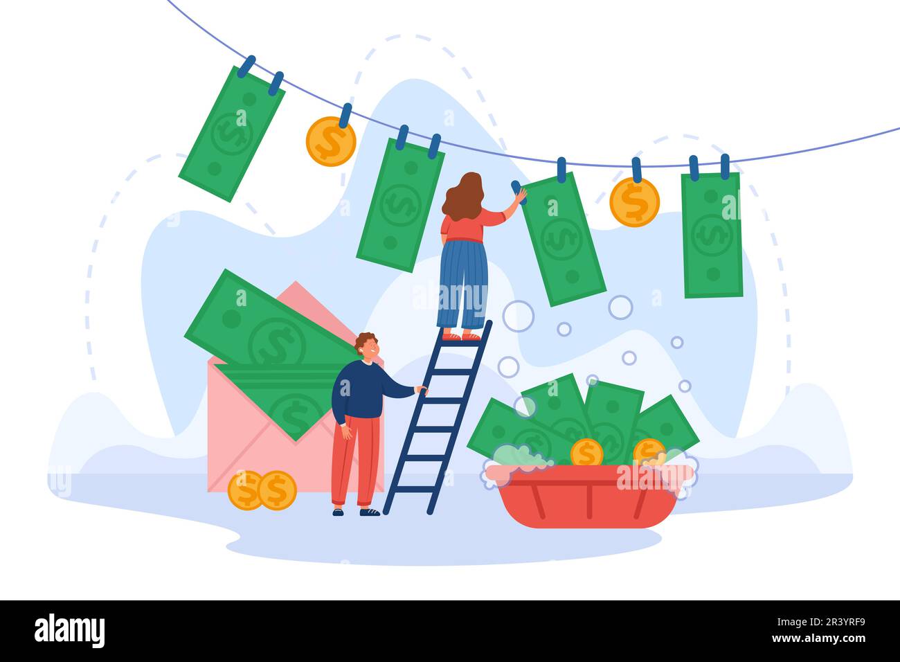Cartoon characters washing and hanging banknotes on rope Stock Vector ...